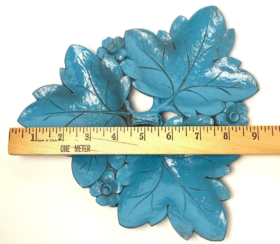 Vtg Syroco Wood Bowl Triple Leaf Tray Dish Turquoise Blue Painted Boho ...
