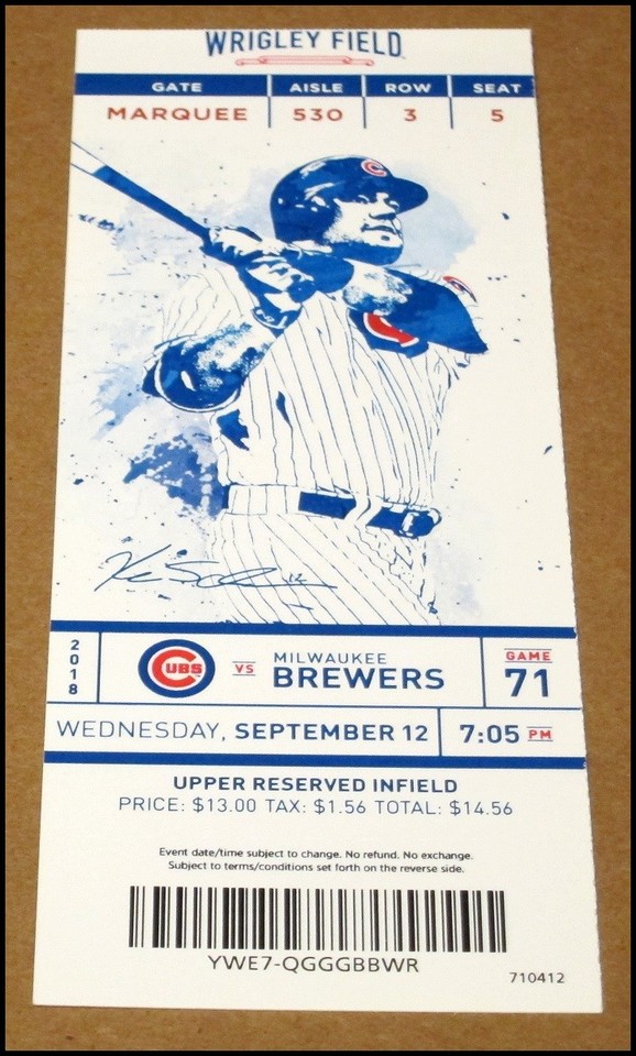 9/12/2018 Chicago Cubs vs Milwaukee Brewers Ticket Kyle Schwarber ...