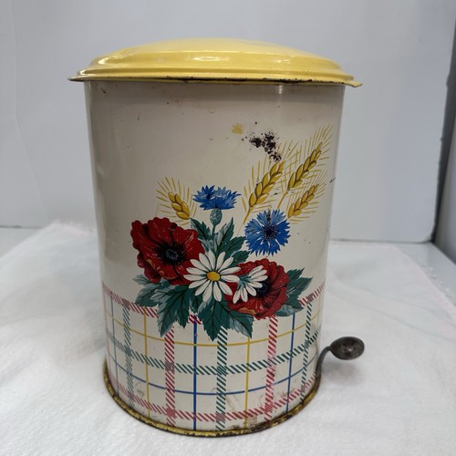 Vtg MCM Floral Plaid Metal Cylinder Trash Can Waste Basket Flip Top Lid ...