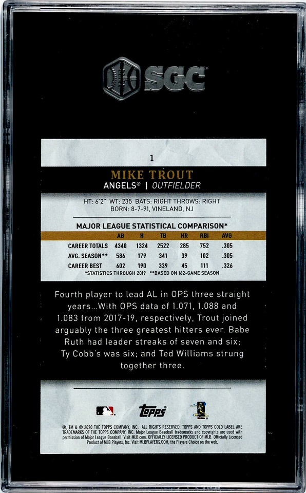 2020 Topps Gold Label #1 Mike Trout Class 3 SGC 10 GEM MINT | eBay