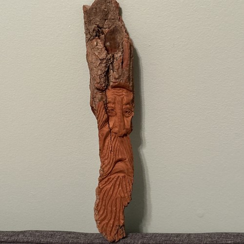 Hand Carved Wood Live Edge Old Man Face Tree Bark Log Sculpture Vintage ...