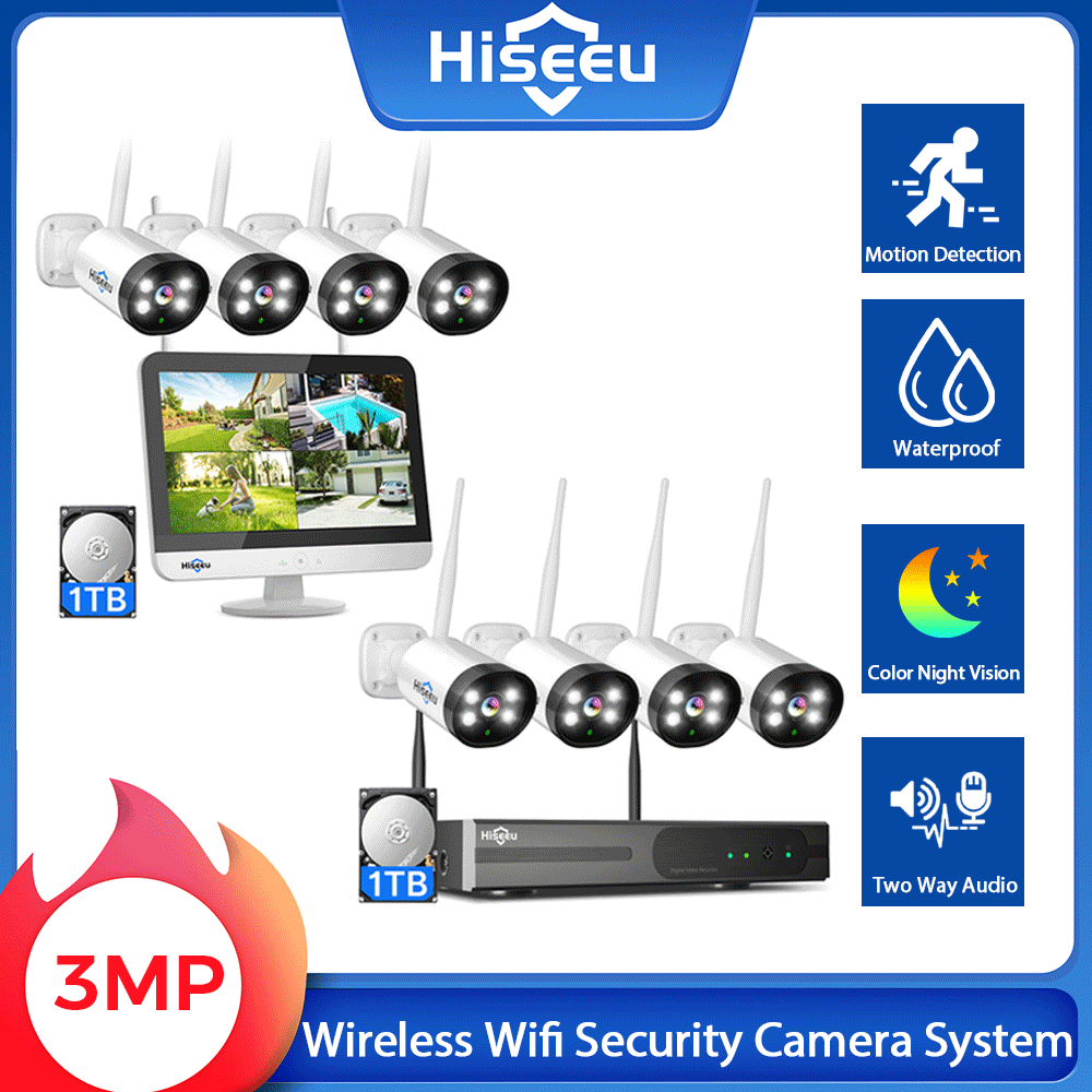 4PCS Wireless Wifi 3MP Security Camera CCTV System W/Different NVRs 1TB ...