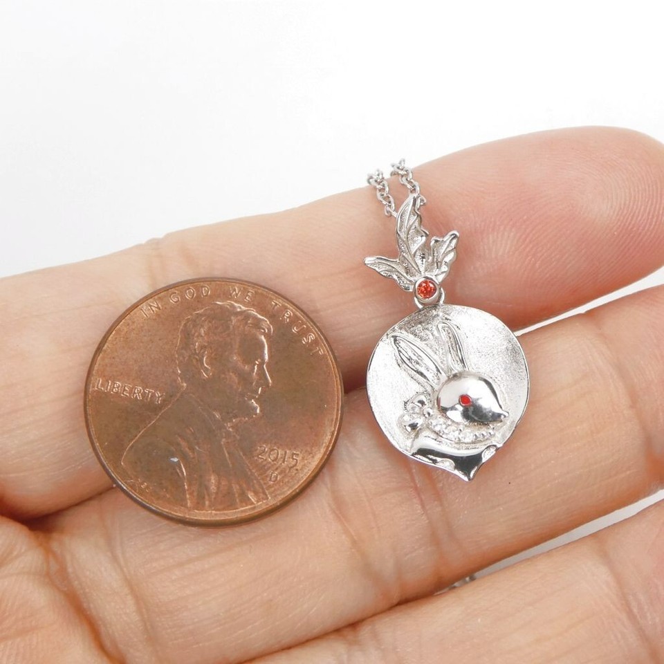 925 Sterling Silver Bunny Rabbit Red CZ Small Charm Pendant Necklace ...