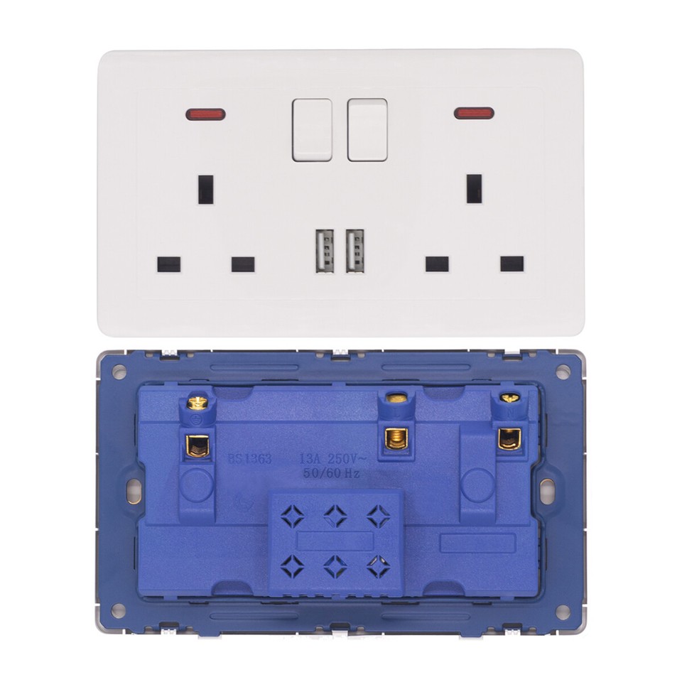 1/5/20X Double Wall Plug Socket 2 Gang 13A With 2 USB Port Outlets Flat ...