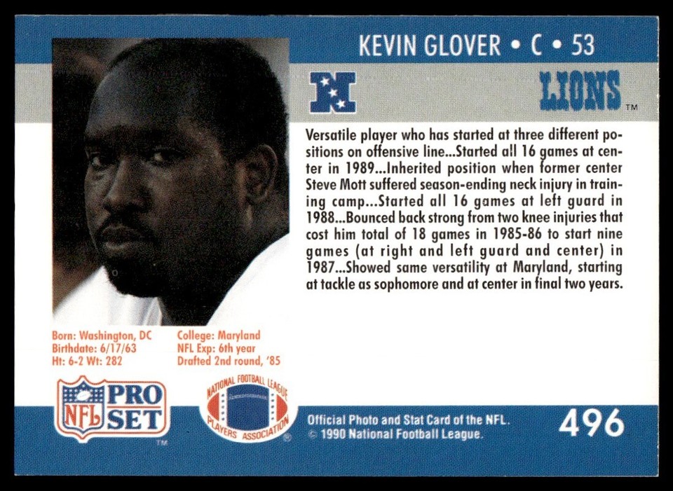 1990 Pro Set Kevin Glover Rookie Detroit Lions #496B | eBay
