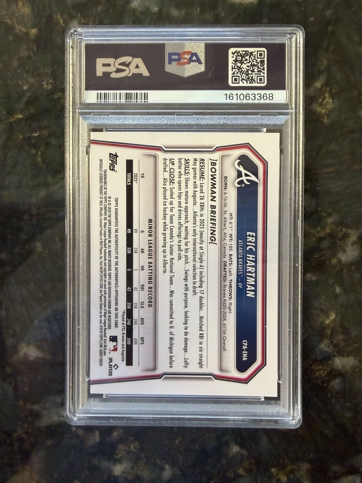 2026 Bowman Chrome 1st Eric Hartman Auto Gold Lava Refractor #26/50 PSA ...