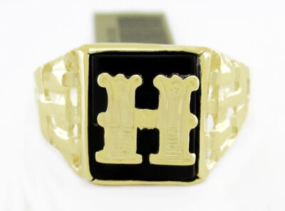 GENUINE BLACK ONYX INITIAL H RING 10K YELLOW GOLD - New With Tag | eBay