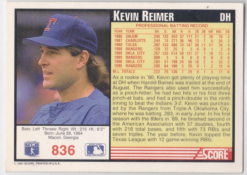 M) 1991 Score Baseball Trading Card - Kevin Reimer #836 | eBay