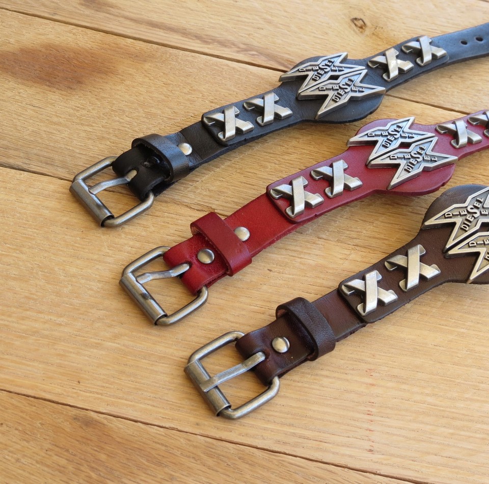 Racing style Genuine Brown Leather wide band Diesel Bracelet & riveted ...