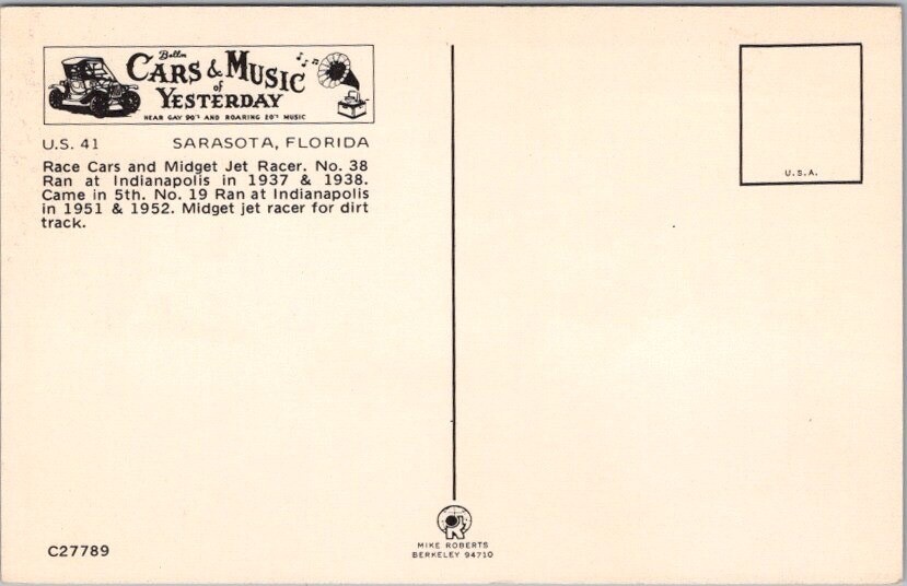 c1960s Sarasota, Florida Postcard Auto Museum "Race Cars & Midget Jet ...