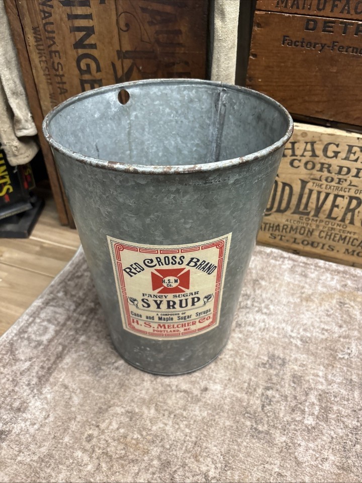 Vintage Red Cross Maple Syrup Bucket H. S. Melcher Portland Maine Sugar ...