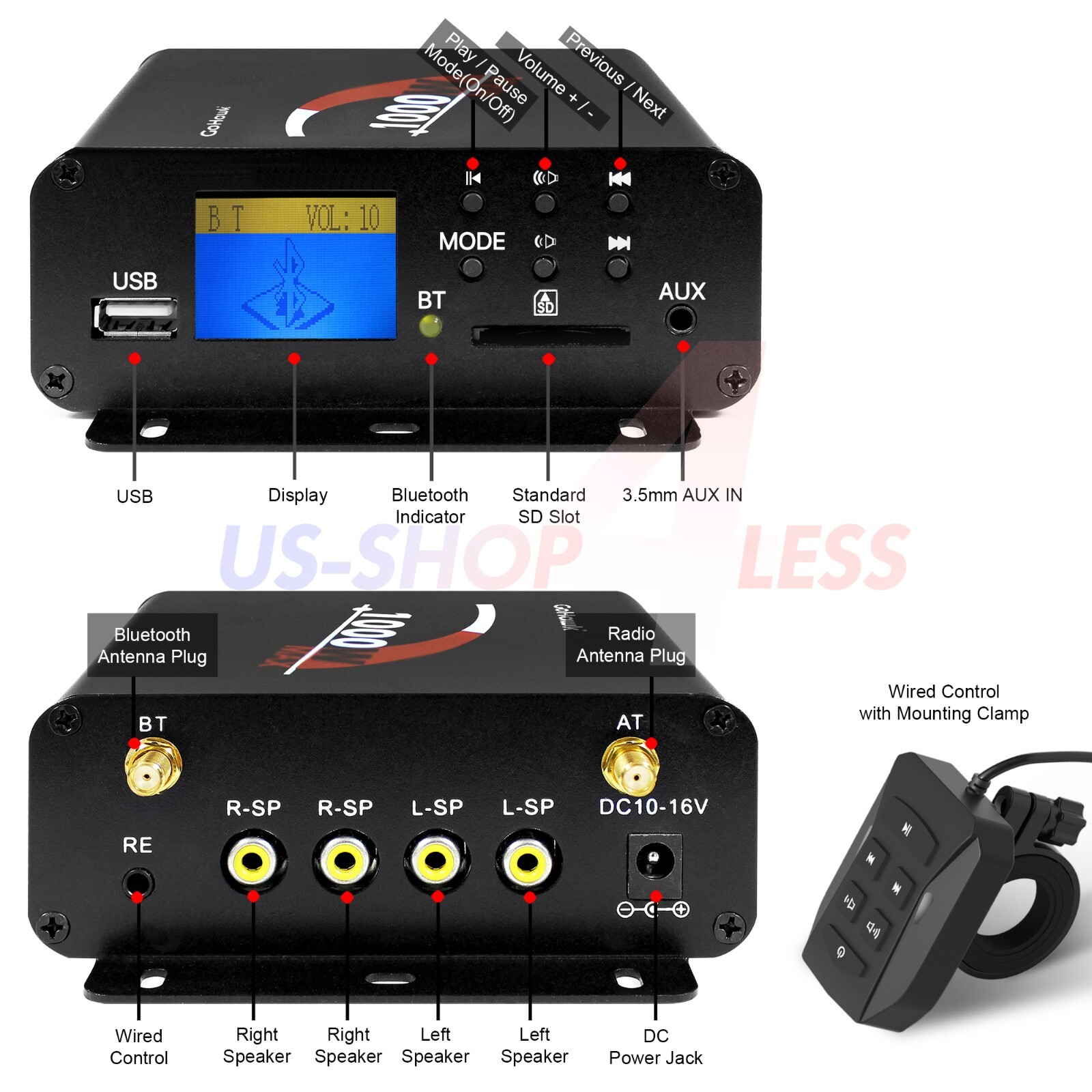 1000W Bluetooth Motorcycle Stereo 4 Speaker Audio MP3 System USB SD ...