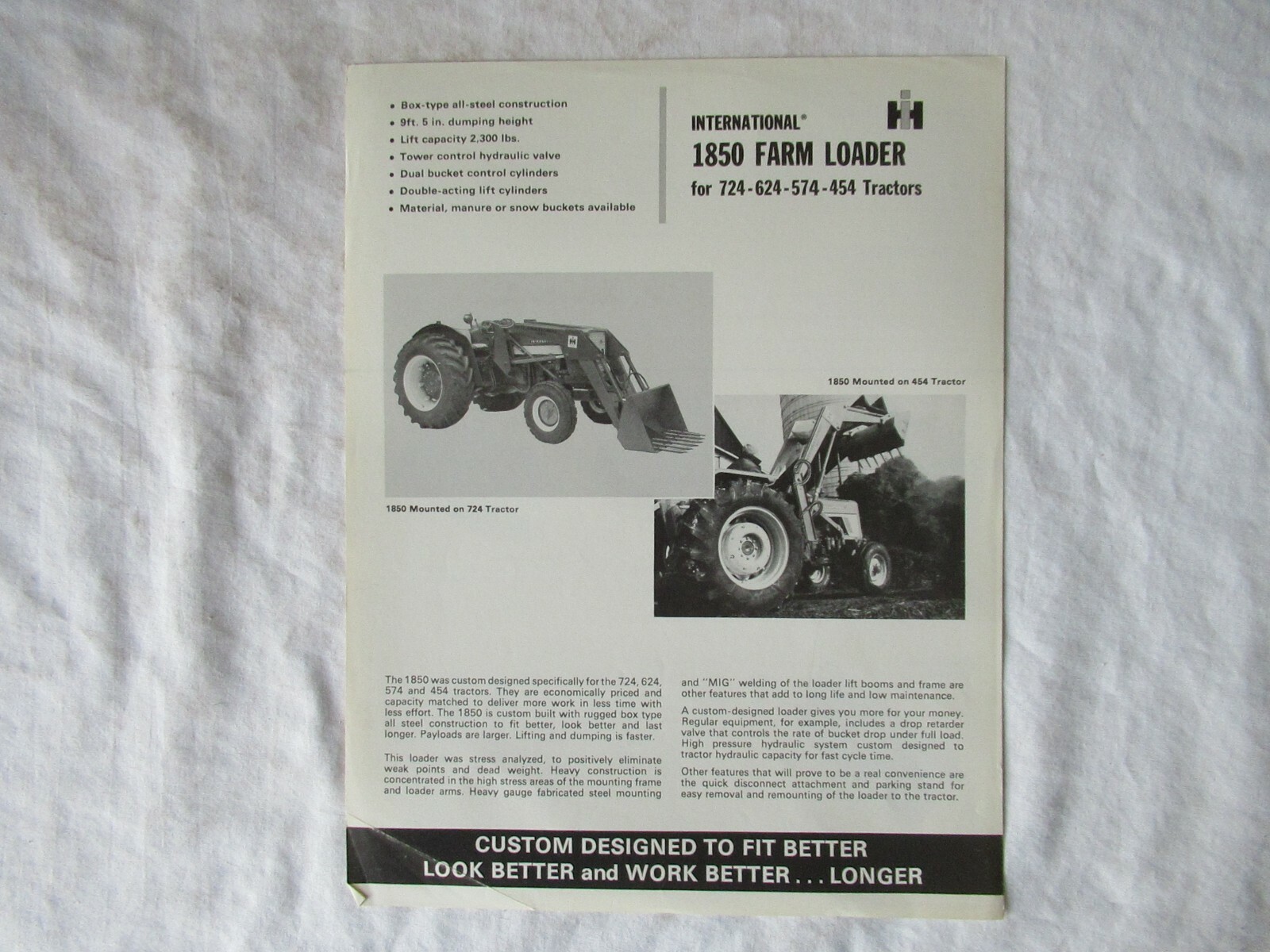 IH International Harvester 1850 loader spec brochure for 724 624 574 ...