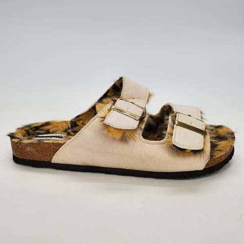 Vintage 93 Womens Cozi Slides Sandals Beige Leopard Faux Fur Adjustable ...