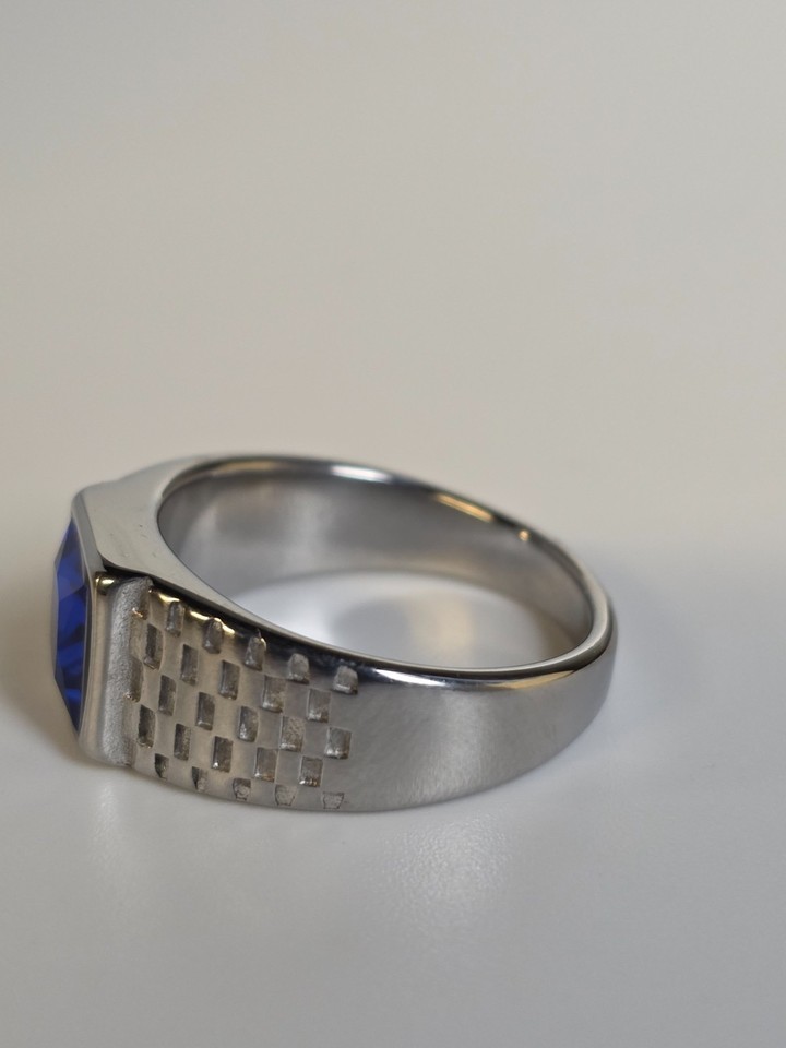 Steel Square Blue Glass Ring Synthetic Stone Size 11 Estate | eBay UK