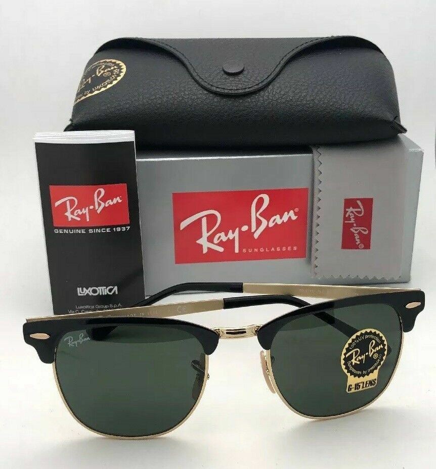New RAY-BAN Sunglasses CLUBMASTER METAL RB 3716 187 Black & Gold w/ G15 ...