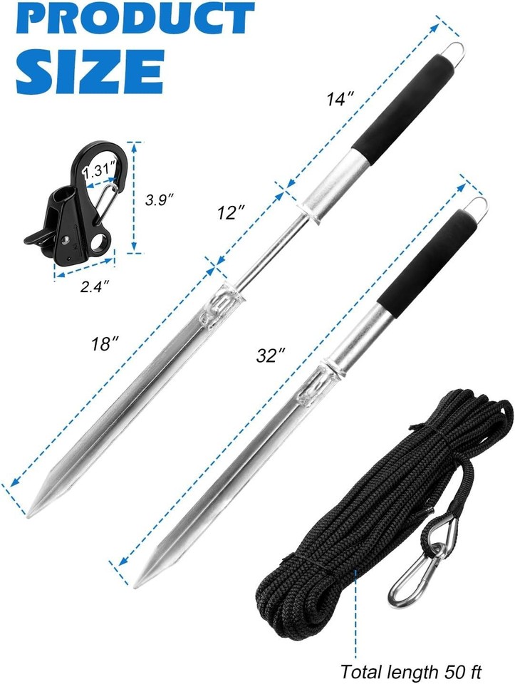 50ft 32'' Sand Spike Anchor Pole W/ Anchor Hook & Line Fit Bench Kayaks ...