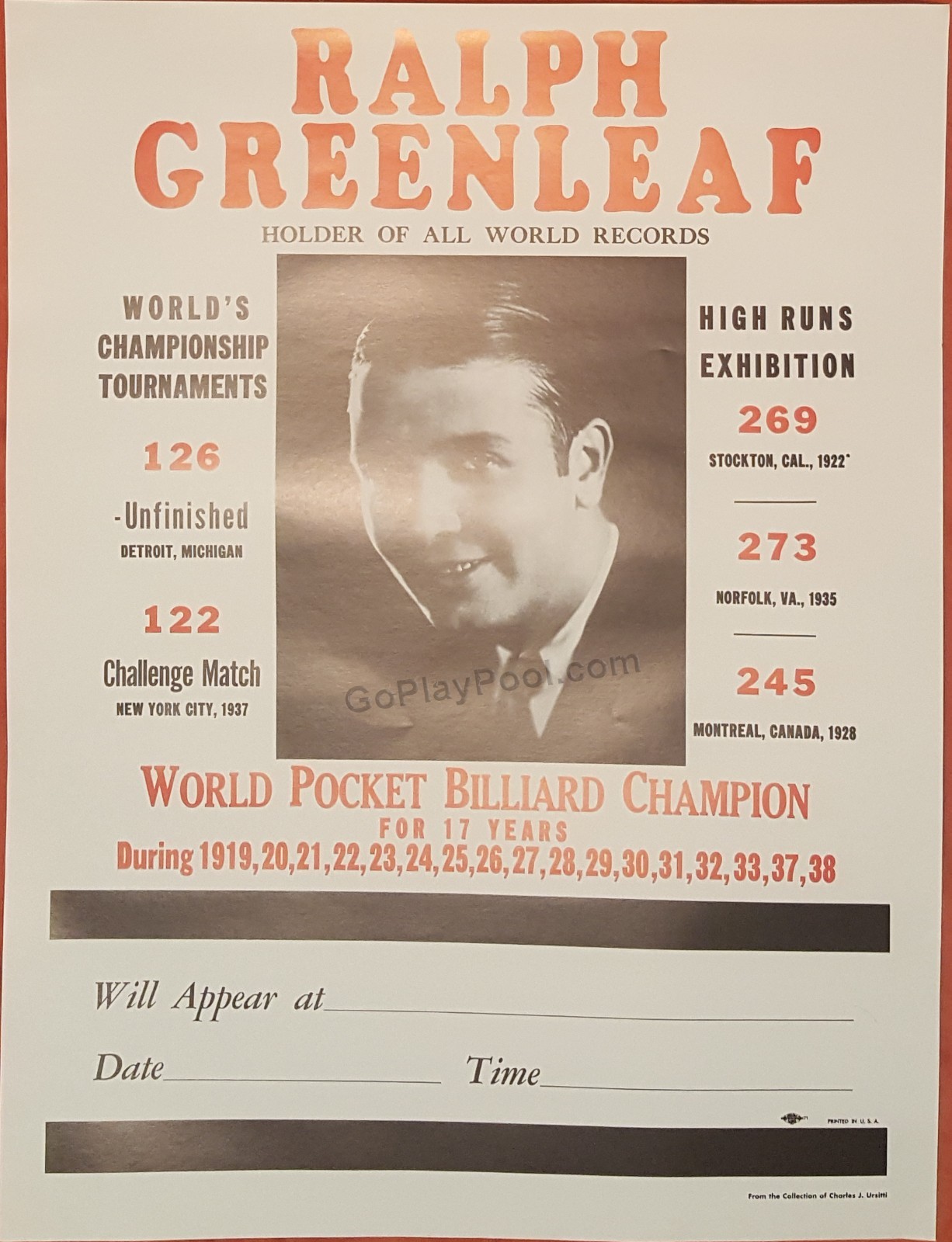 Ralph Greenleaf Classic Billiard Exhibition Poster | eBay