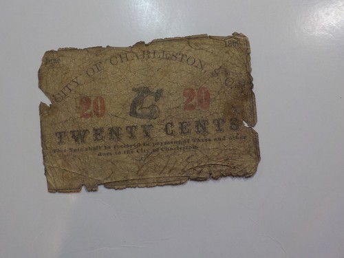 Civil War Confederate 1862 20 Cents Note Charleston South Carolina ...