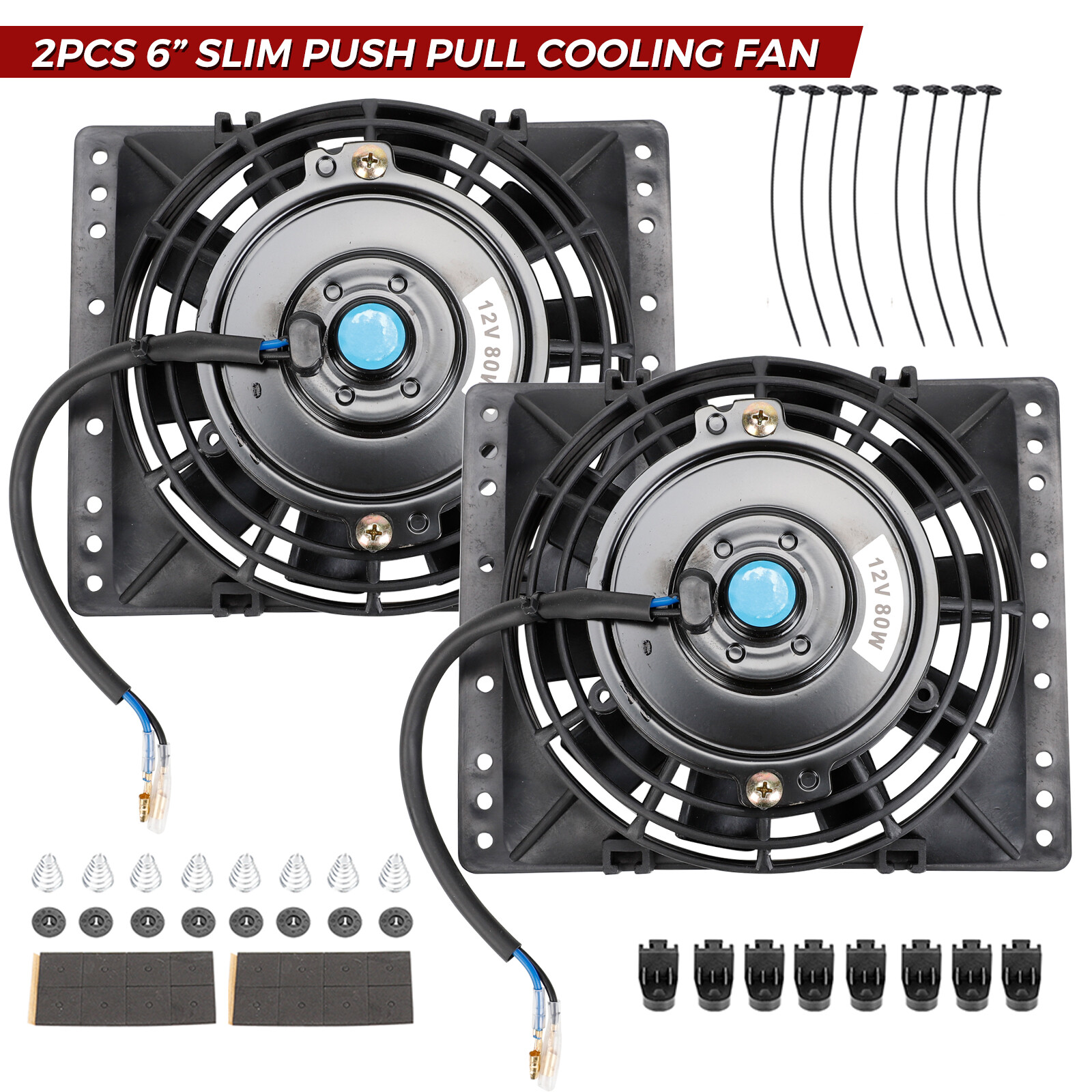 2PCS 6'' Slim Push Pull Electric Cooling Fan 650CFM Radiator Mount Kit ...