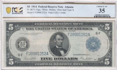1914 $5 Five Dollars Federal Reserve Note Atlanta, US LARGE CURRENCY ...