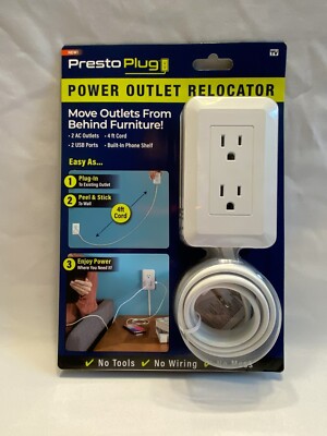 Presto Plug Power Outlet Extender Outlet Relocator w/ 2 USB Ports & 2 ...