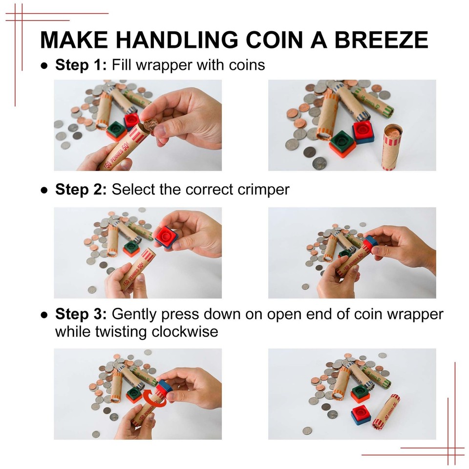 60 Assorted Coin Roll Wrappers with Color Coded Coin Wrapper Crimping ...