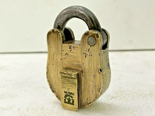 OLD VINTAGE RARE HANDMADE UNIQUE 6 LEVERS BRASS PADLOCK WITH RUSTIC KEY ...