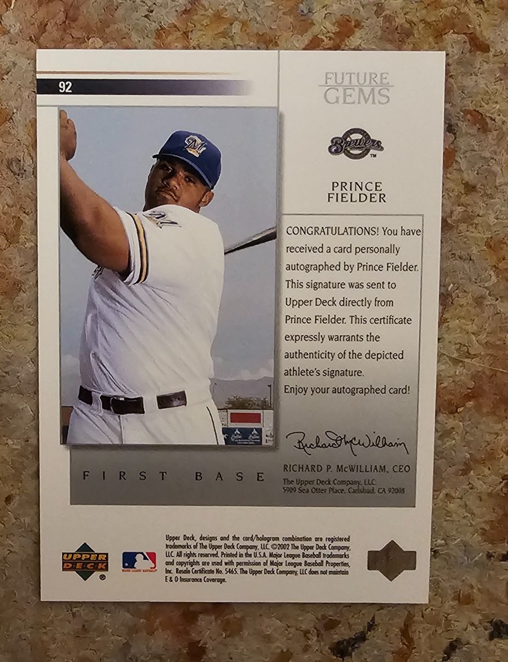 PRINCE FIELDER 2002 Upper Deck Future Gems Authentic Autograph #92 | eBay