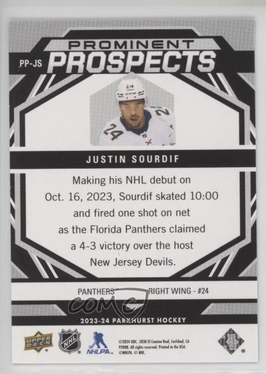 2023 Upper Deck Parkhurst Prominent Prospects Purple /99 Justin Sourdif ...