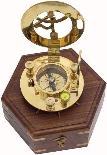 Directional Magnetic Sundial Clock Pocket Compass 3" W/Wooden Box ...