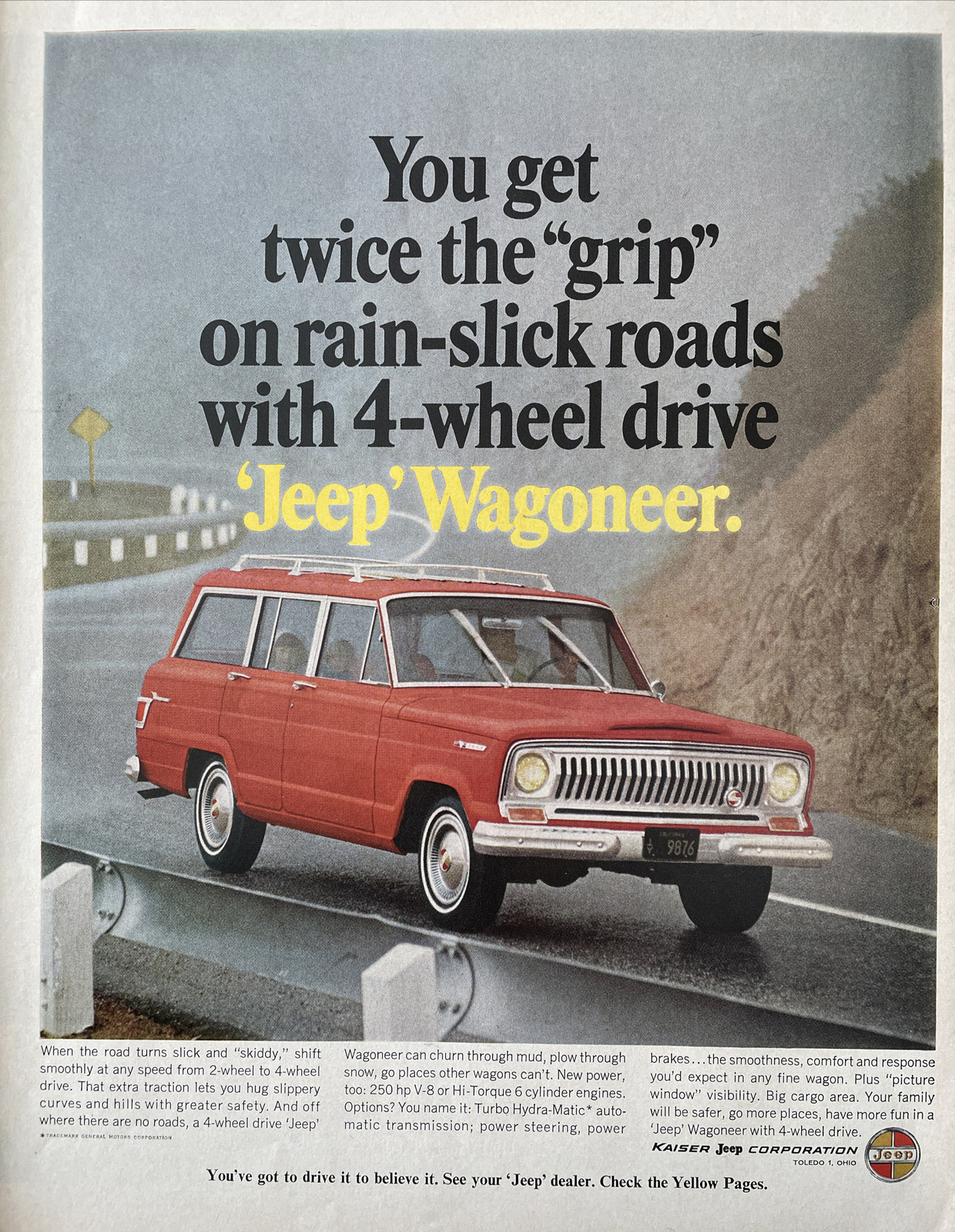 1966 vintage Jeep Wagoneer print ad, you get twice the grip on slippery ...
