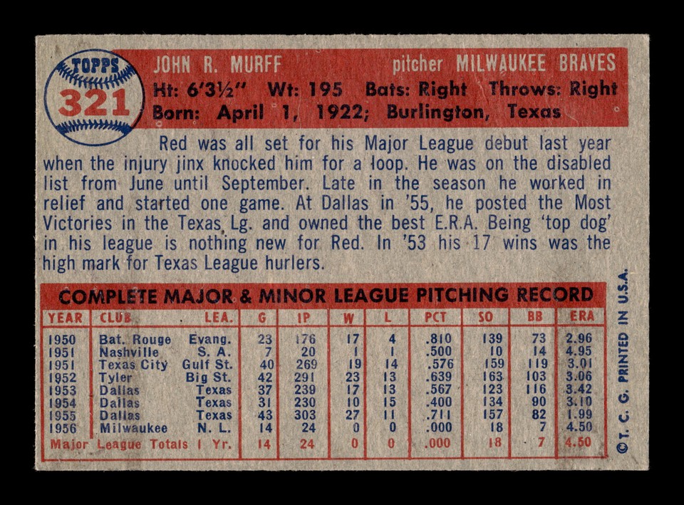 1957 Topps #321 John Red Murff RC BRAVES ROOKIE EX - EX/MT | eBay