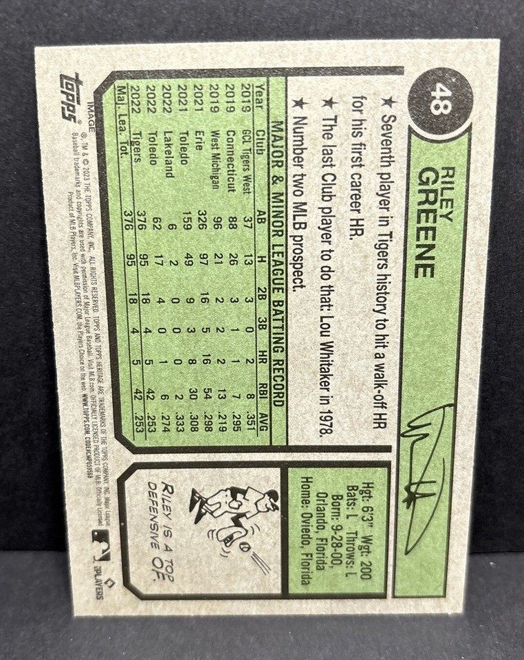 2023 Topps Heritage Image Variation SP #48 Riley Greene RC Rookie Card ...