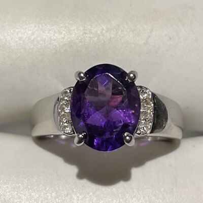 QJ 925 Sterling Silver Amethyst 11x9mm (3.85 Carats)& White Topaz Ring ...