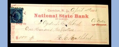 1883 antique NATIONAL STATE BANK CHECK camden nj OGDEN CUTHBERT w ...