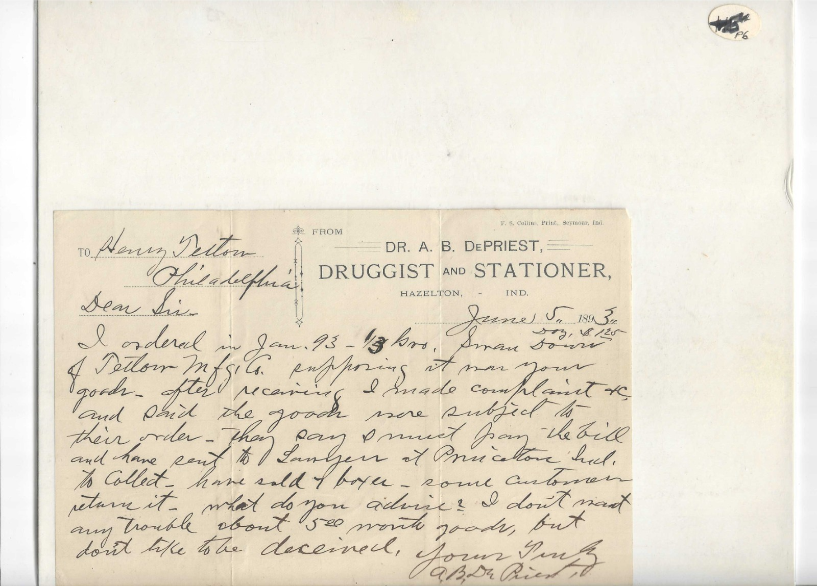 1893 Complaint letter From Dr. DePriest of Indiana to Henry Tetlow ...