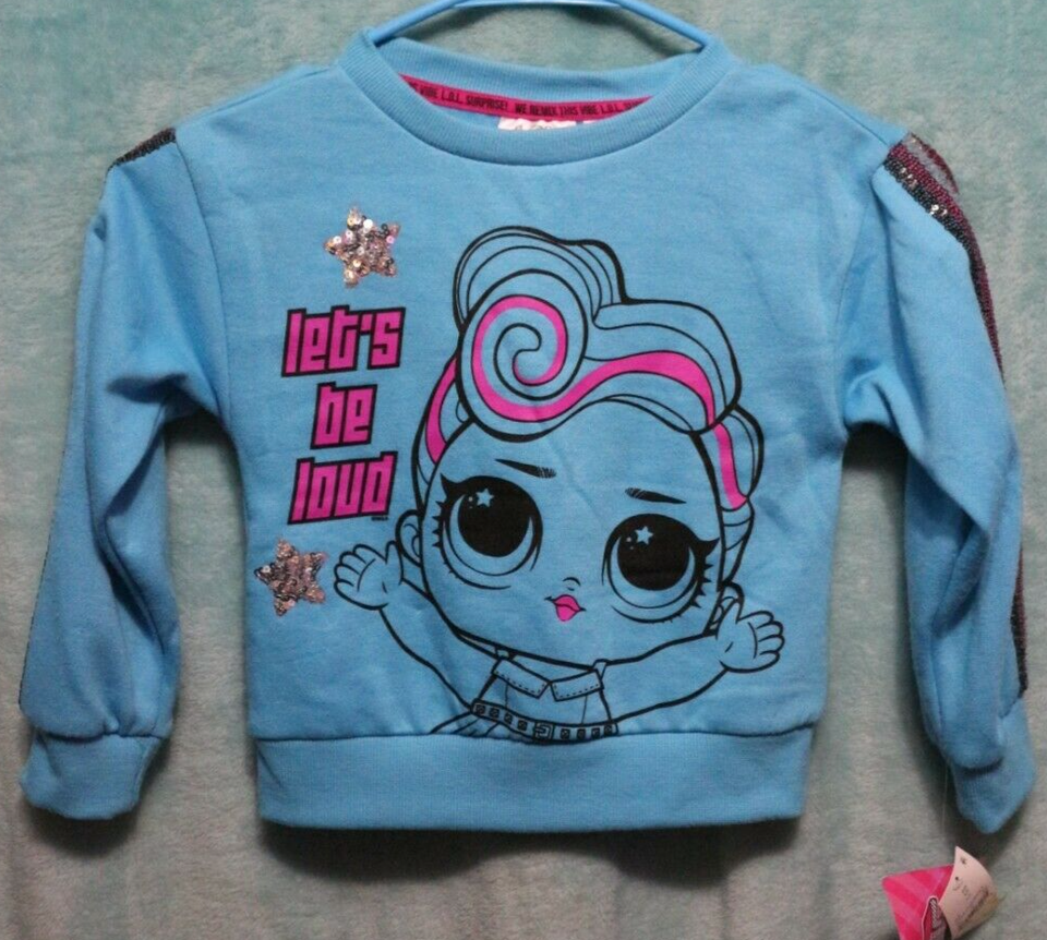 LOL ReMix NEW♈Girl's Printed Sequined Sweat Top size S~Turq./pink~Be ...