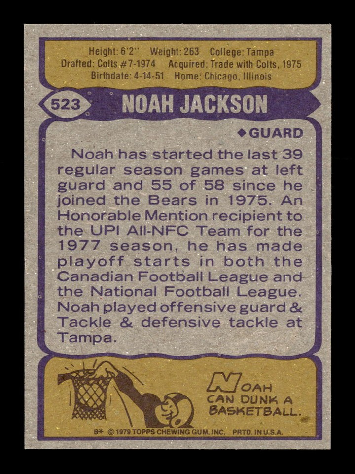 1979 Topps #523 Noah Jackson Chicago Bears EX+ Football Card *I553 | eBay