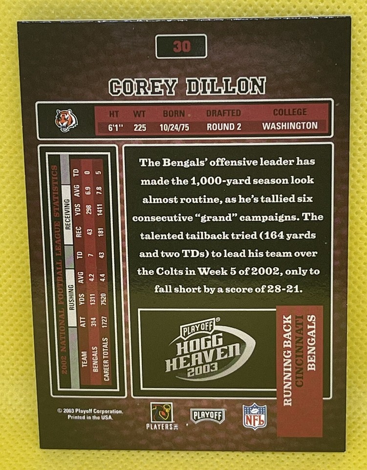 Corey Dillon 2003 Playoff Hogg Heaven #30 Cincinnati Bengals | eBay