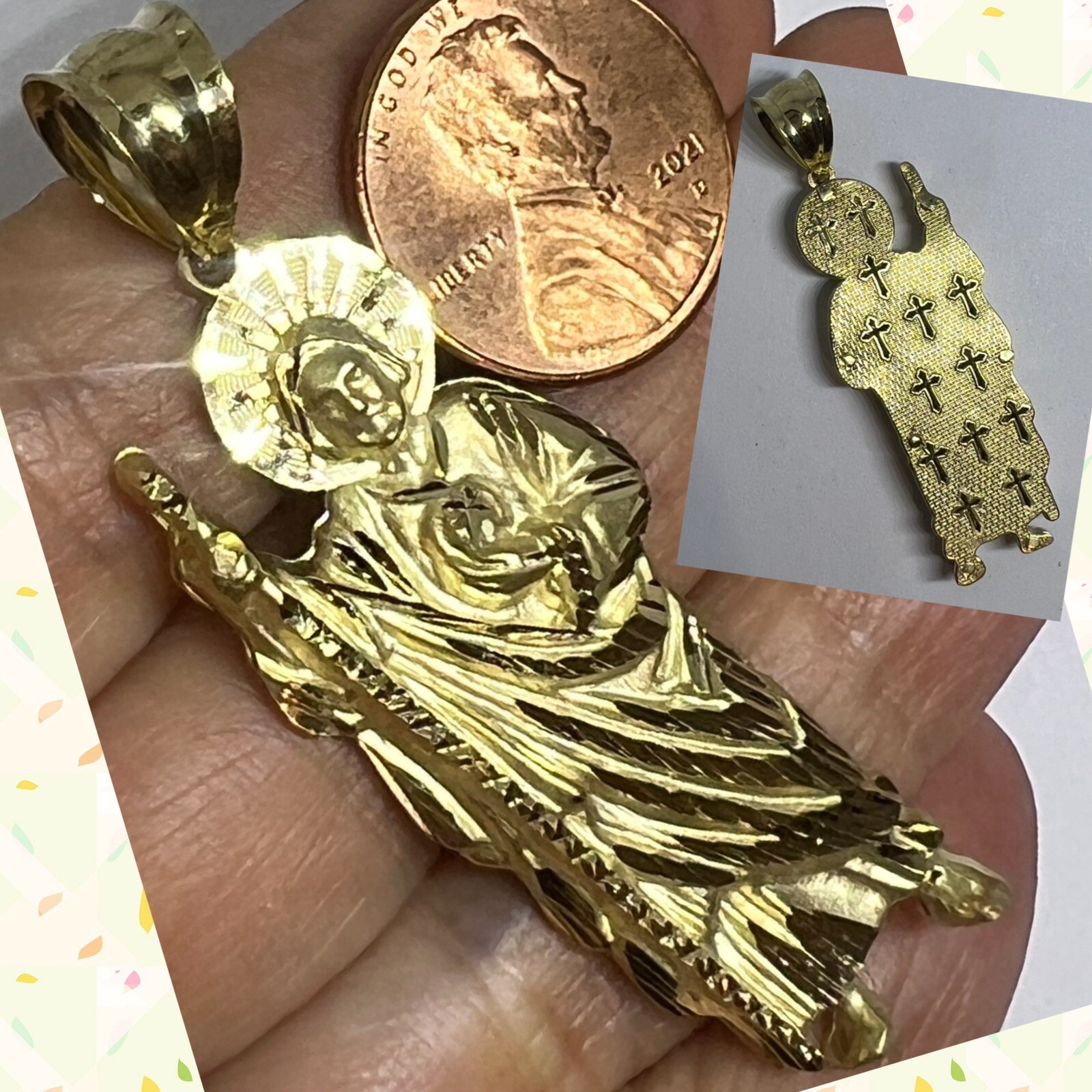 GOLd CROSS St Saint Jude San Juda pendant 14k diamond cut necklace 2.20 ...