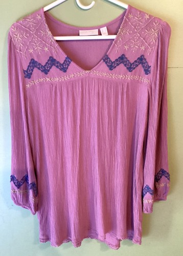 amazing SUSAN GRAVER M PURPLE BLUE TAN GEOMETRIC EMBROIDERED BOHO TOP ...
