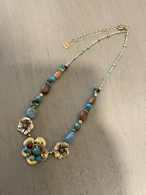 Bohm Necklace Floral Enamel Beads Blue Gold Brown Wooden Multicolor ...