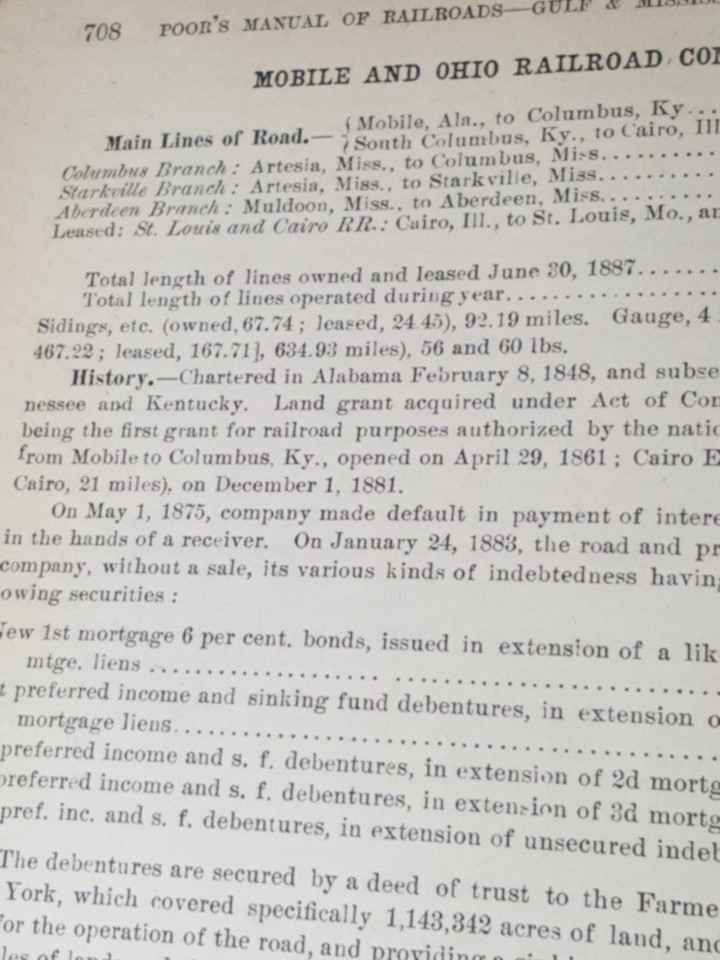 1888 train report MOBILE & OHIO RAILROAD Cairo IL Artesia Starkville MS ...