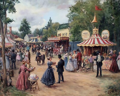 Victorian summer fair with carnival games oil Painting 8x10 Print | eBay