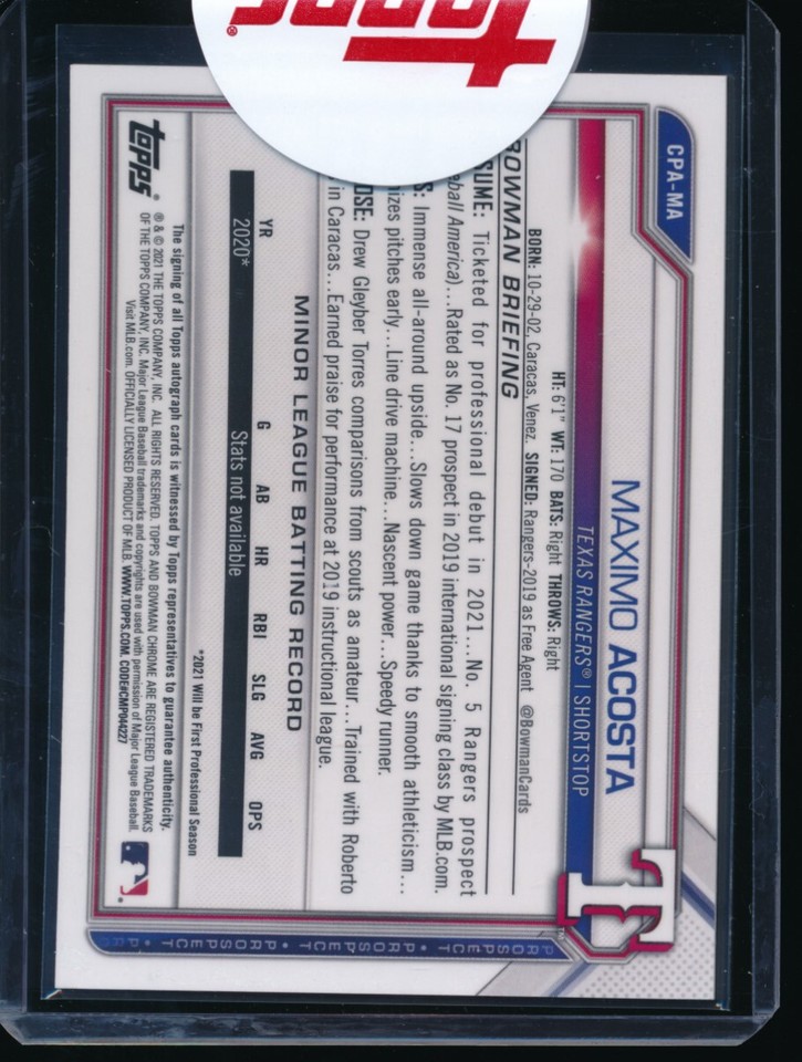 MAXIMO ACOSTA AUTO 1st 2021 Bowman Chrome Prospects Autograph Rookie ...