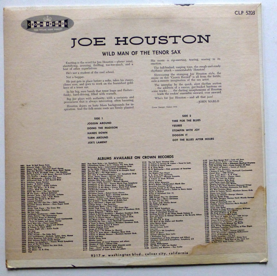 JOE HOUSTON Wild Man of the Tenor Sax LP Crown 5203 Rn'B Honkin Sax ...