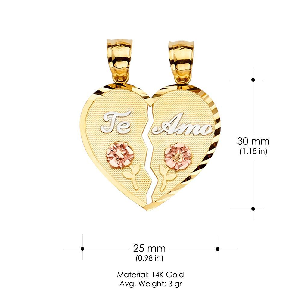 14K Tri Color Gold Couple 2 Piece Te-Amo Charm Pendant For Necklace or ...