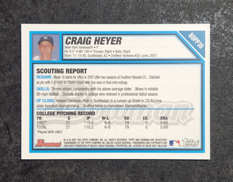 2007 Bowman Draft Picks & Prospects Baseball Gold #BDPP36 Craig Heyer ...