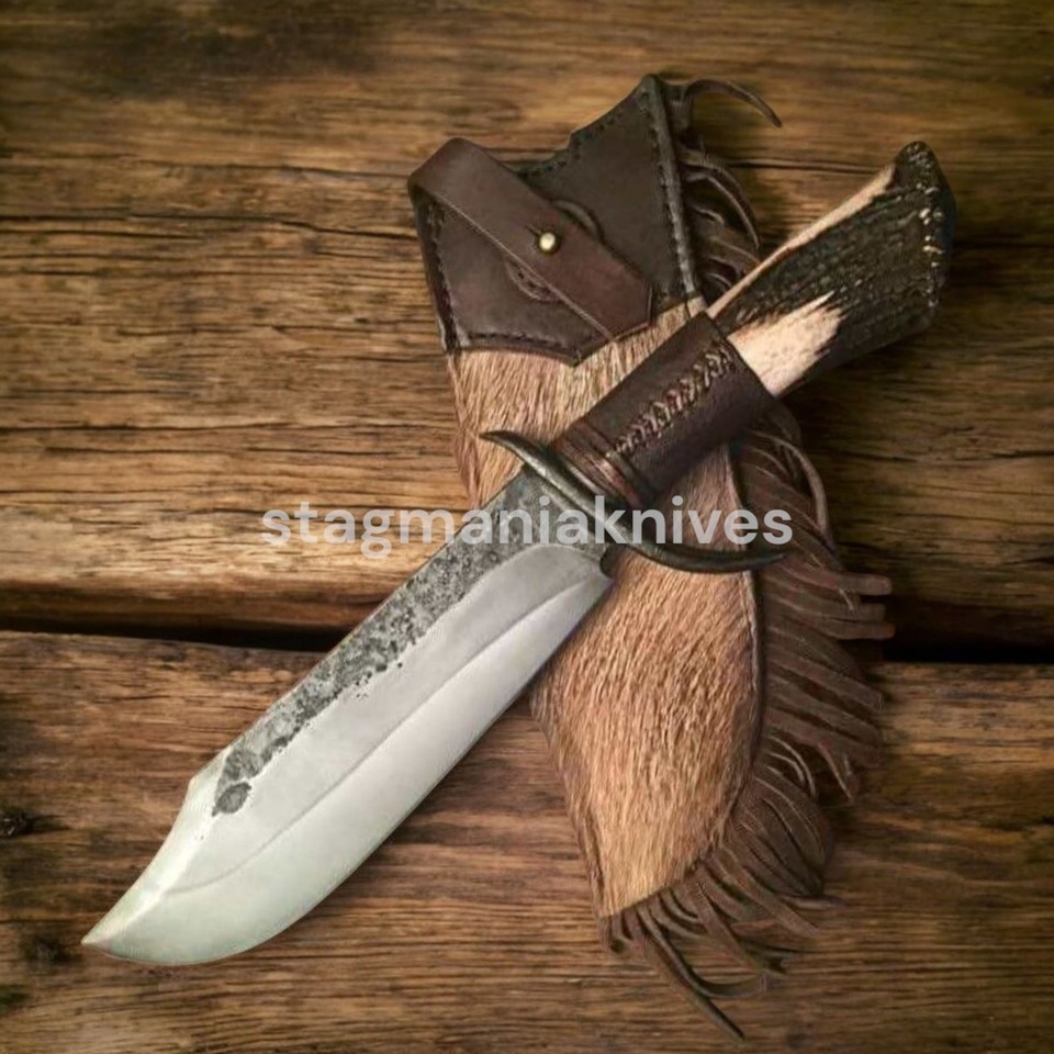 Premium Hand Forged J2 Steel Crown Stag Antler Hunting Bowie Knife ...